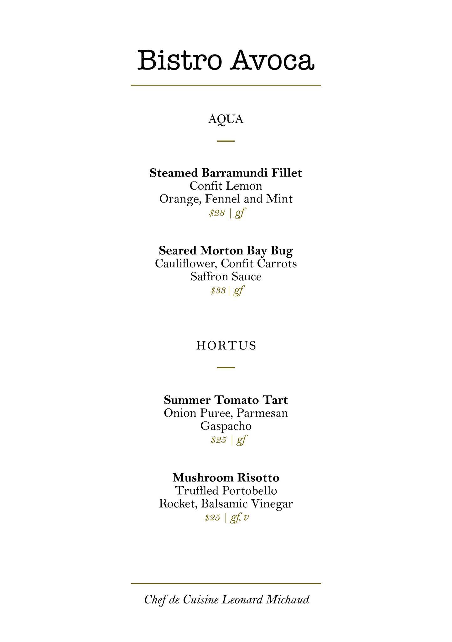 Menu at Bistro Avoca restaurant, Randwick