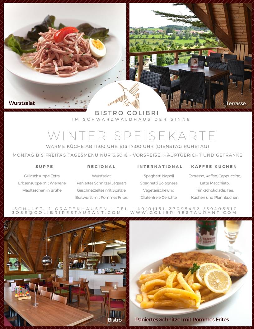 Speisekarte von Bistro Colibri im Schwarzwaldhaus der Sinne, Grafenhausen