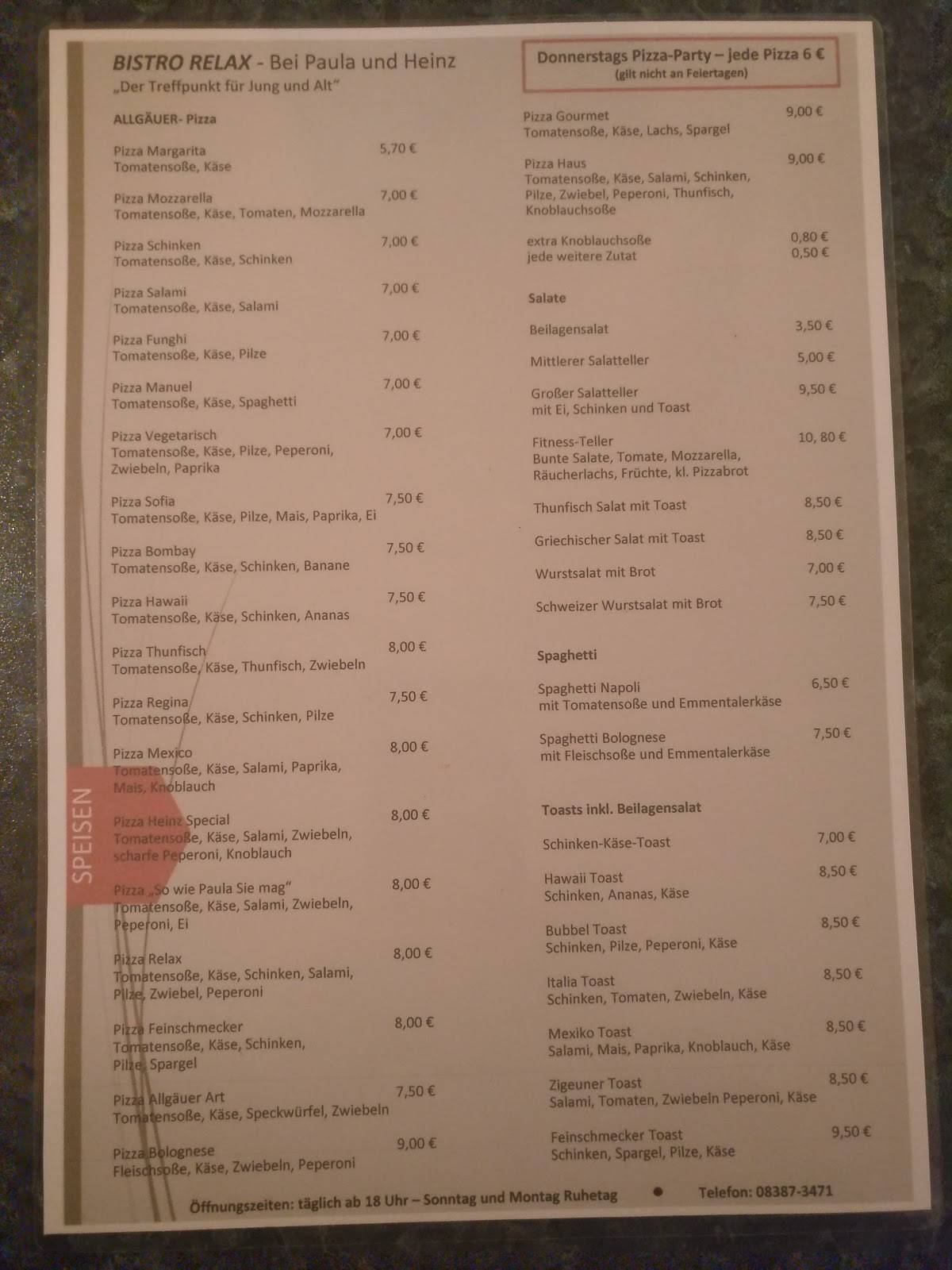 Speisekarte von Bistro Relax restaurant, Weiler-Simmerberg