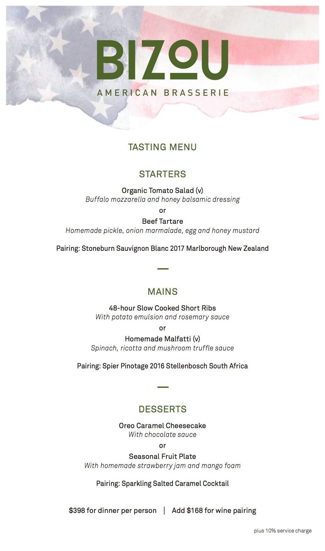 Menu at Bizou American Brasserie restaurant, Hong Kong