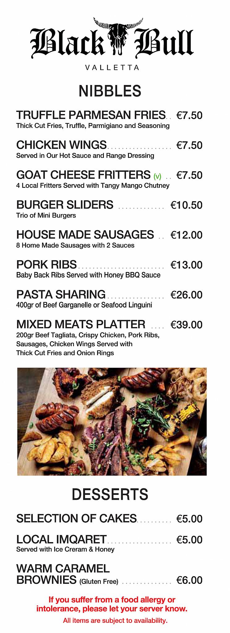 Menu at Black Bull restaurant, Valletta
