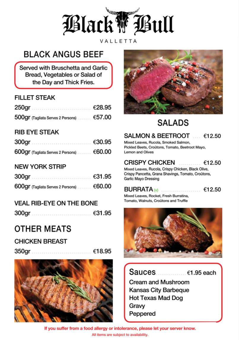 Carta del restaurante Black Bull, La Valeta
