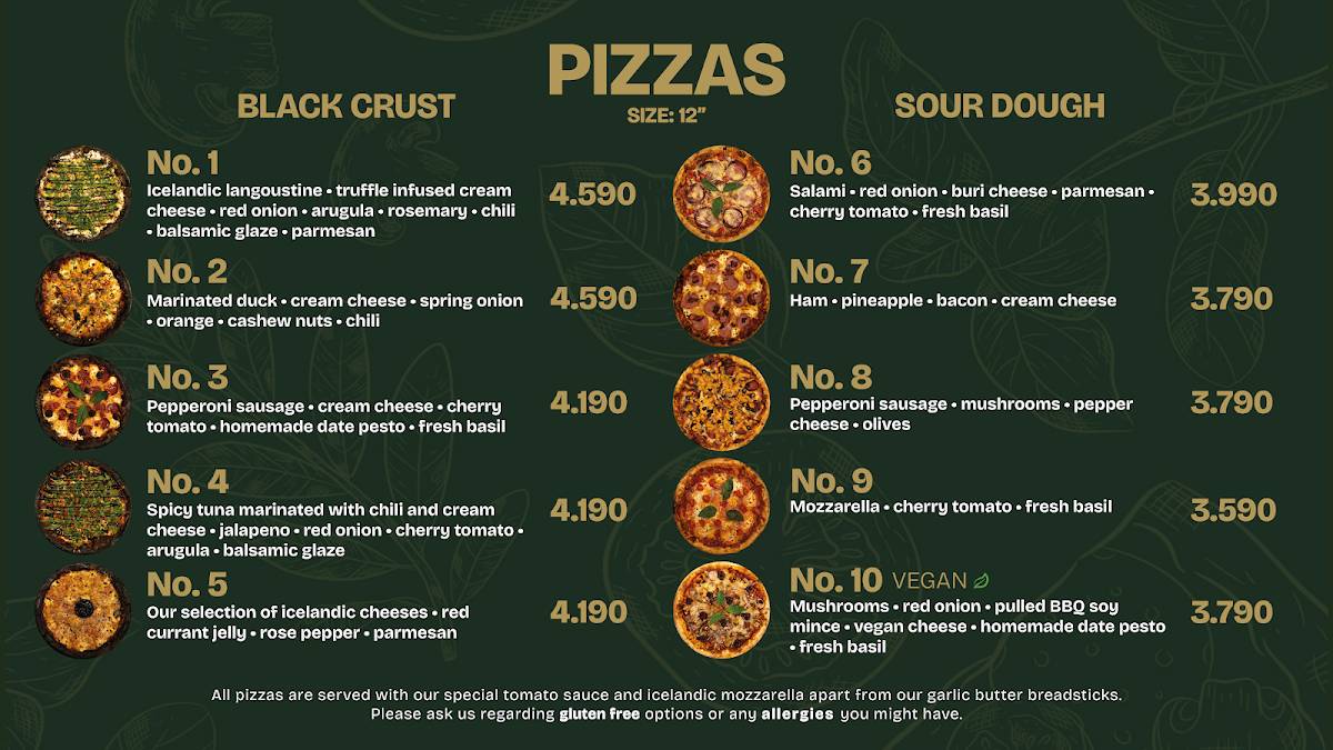 Menu at Black Crust Pizzeria, Vik