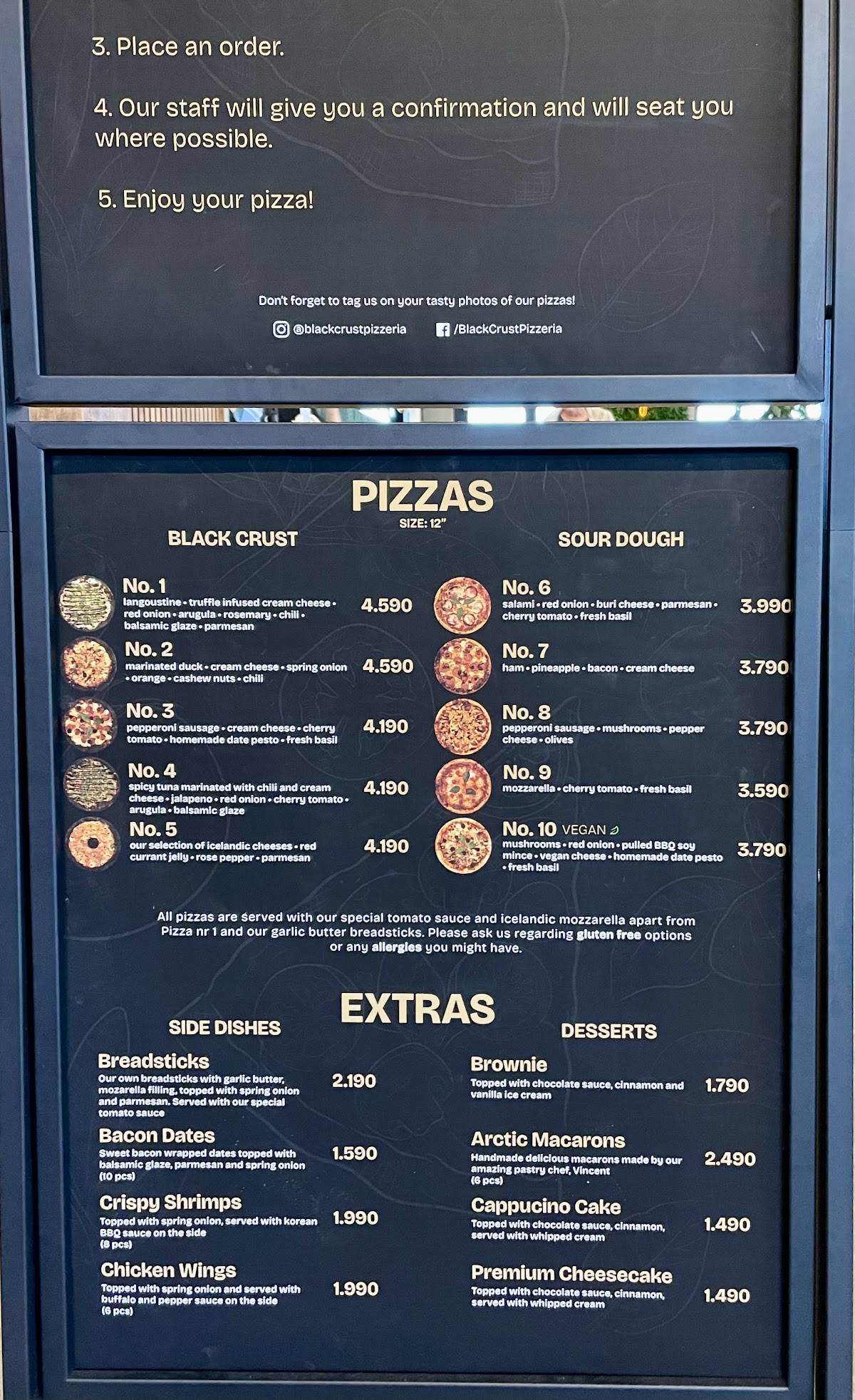 Menu at Black Crust Pizzeria, Vik