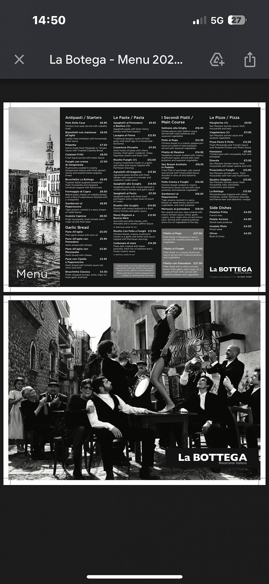 Menu at La Bottega restaurant, Blackpool