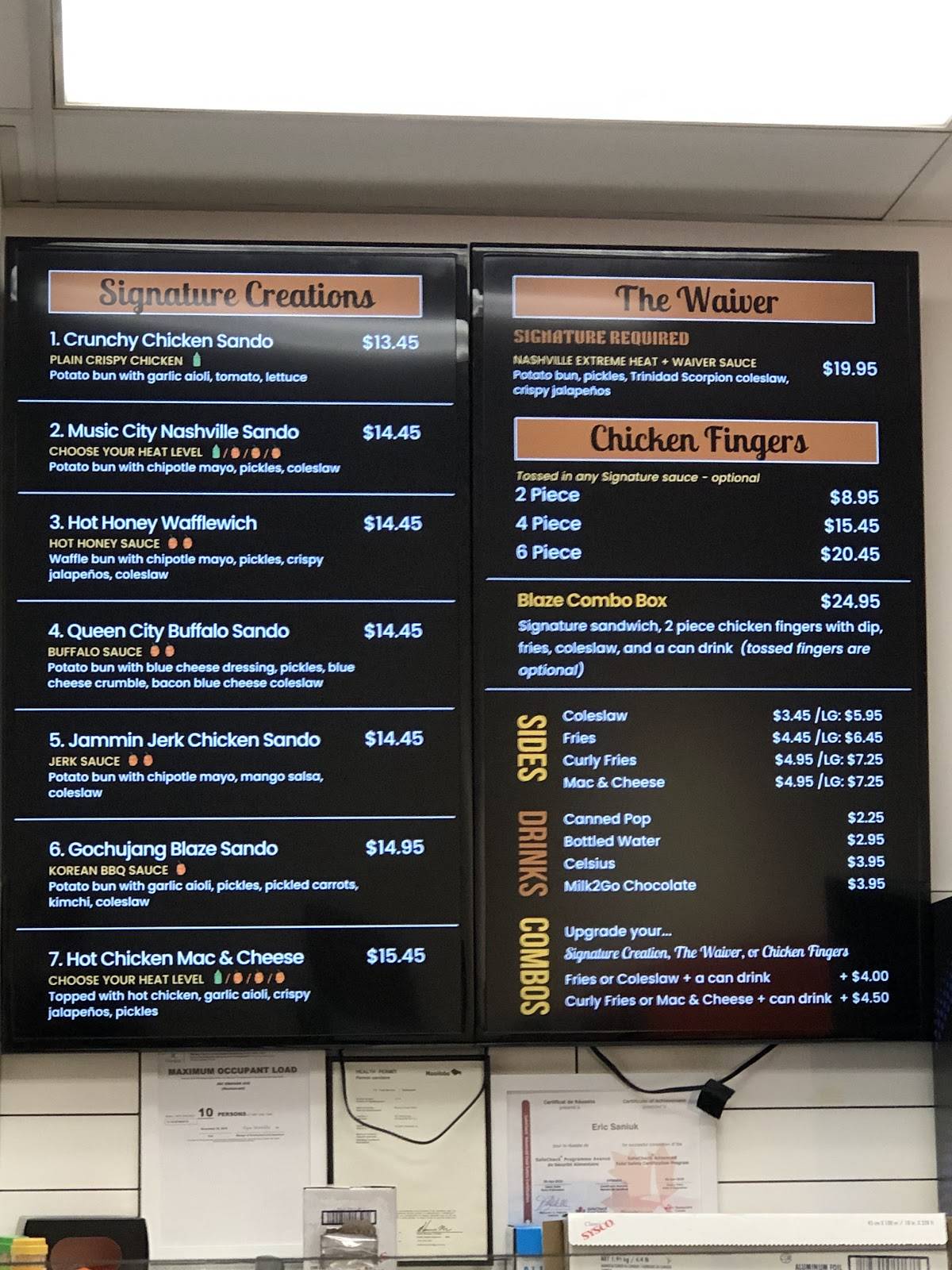 Menu at Blazing Chicken Shack fast food, Winnipeg