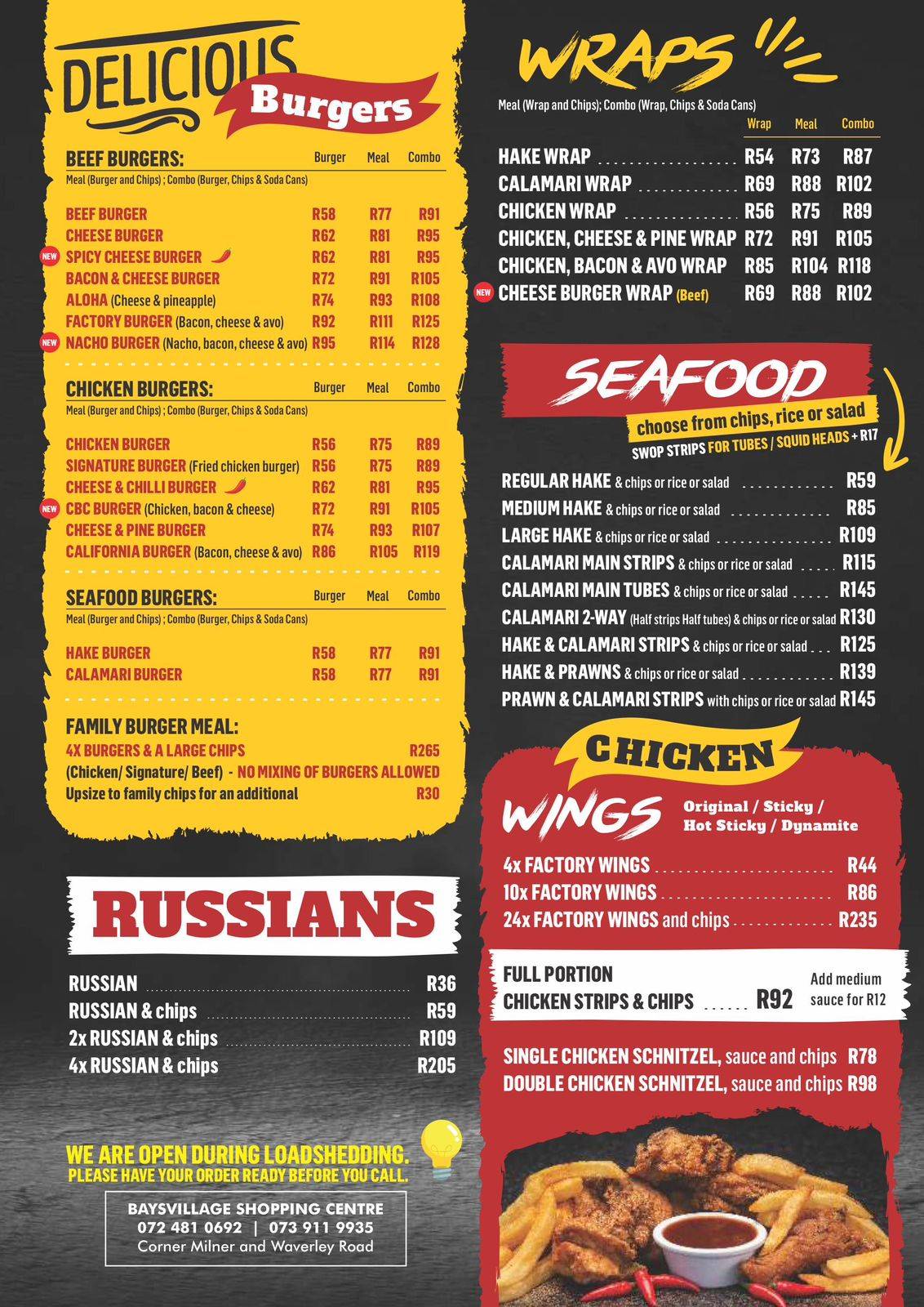 Menu at Food Factory restaurant, Bloemfontein