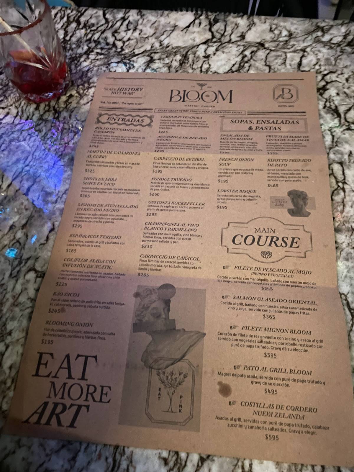 Menu at Bloom Martini Garden pub & bar, Merida