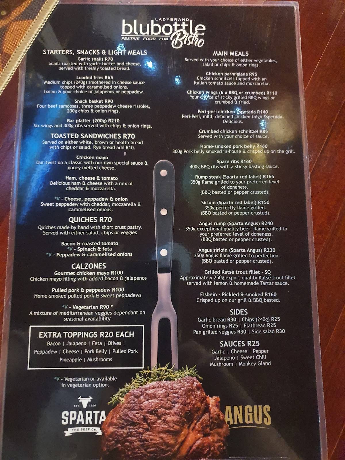 Menu at Blu Bottle Bistro restaurant, Ladybrand