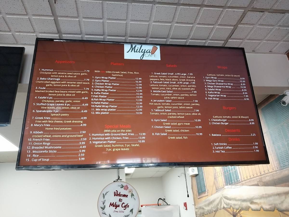 Menu at Milya Cafe, Blue Ash