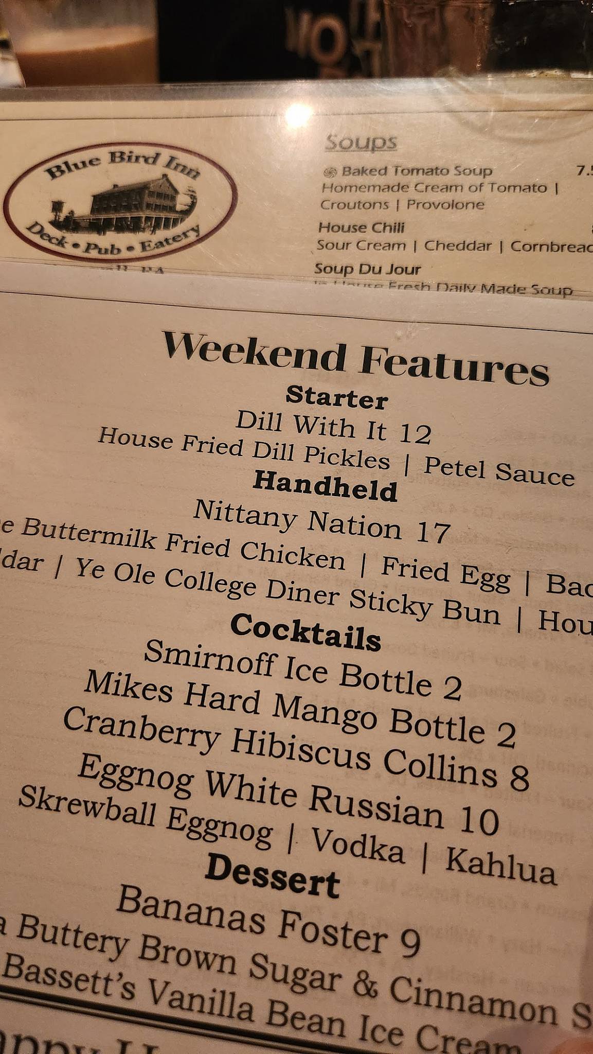 Menu at Blue Bird Inn restaurant, Lebanon