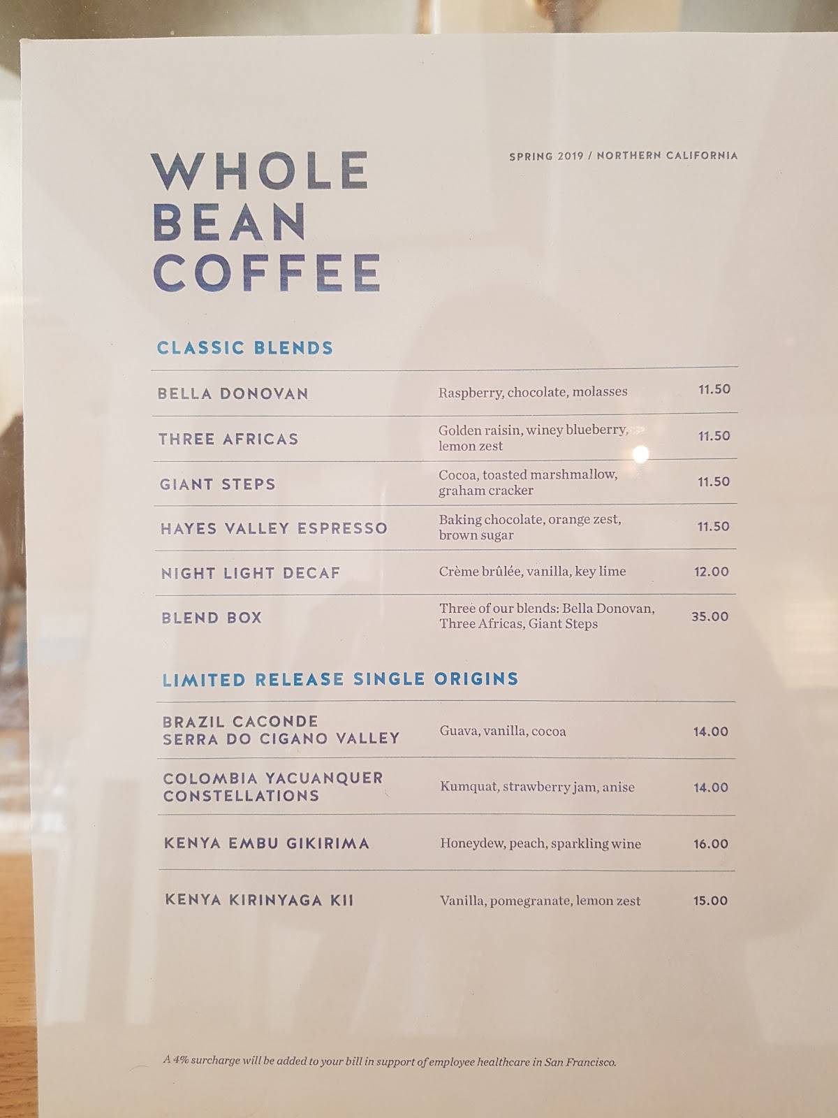 Menu at Blue Bottle Coffee cafe, Palo Alto, 456 University Ave