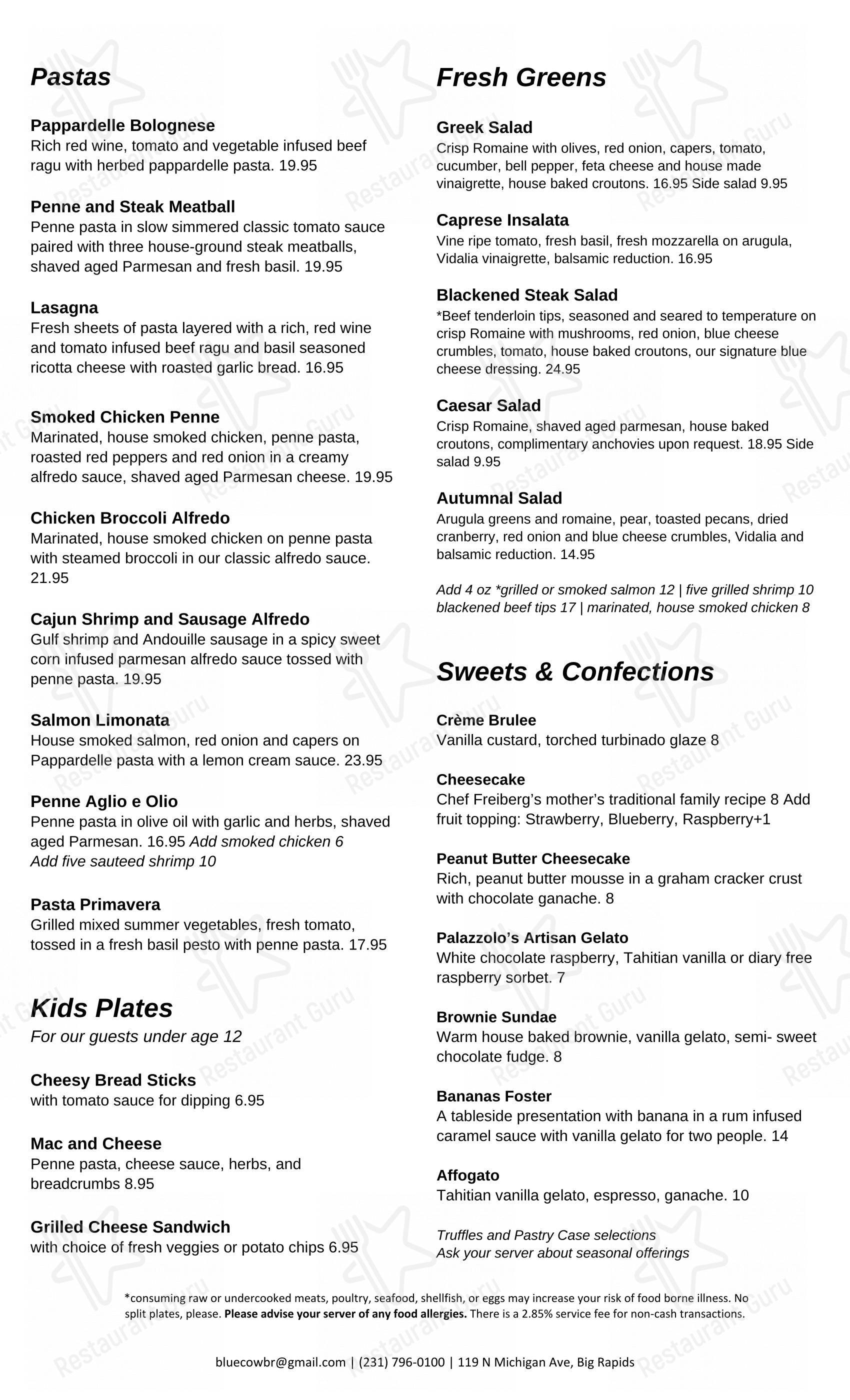 Menu at Blue Cow pub & bar, Big Rapids