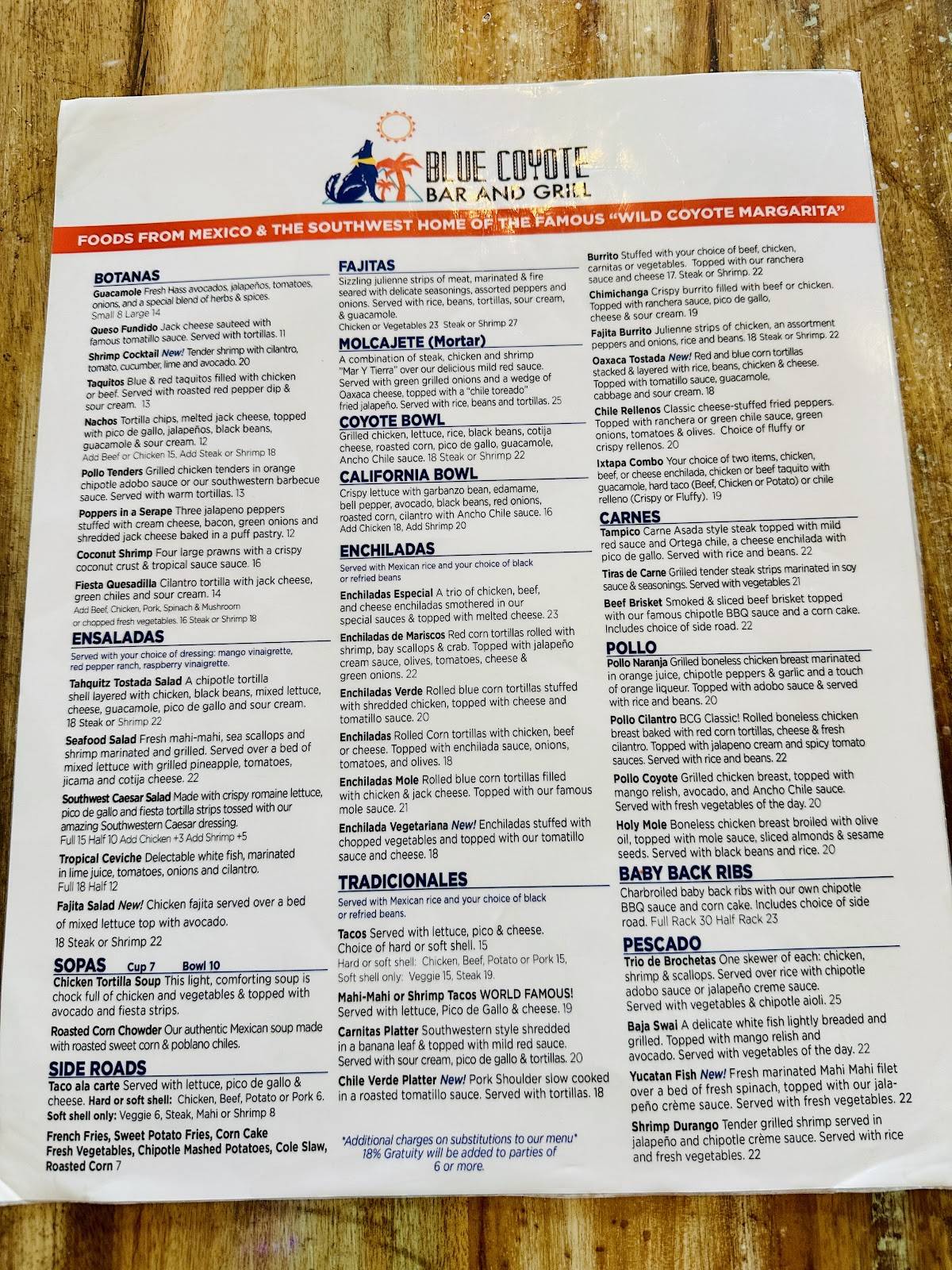 Menu at Blue Coyote Grill pub & bar, Palm Springs, 445 N Palm Canyon Dr