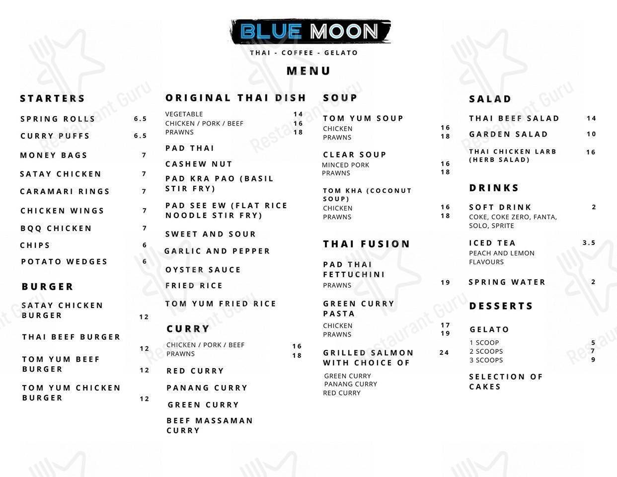 Menu at Blue Moon Cafe, Southport