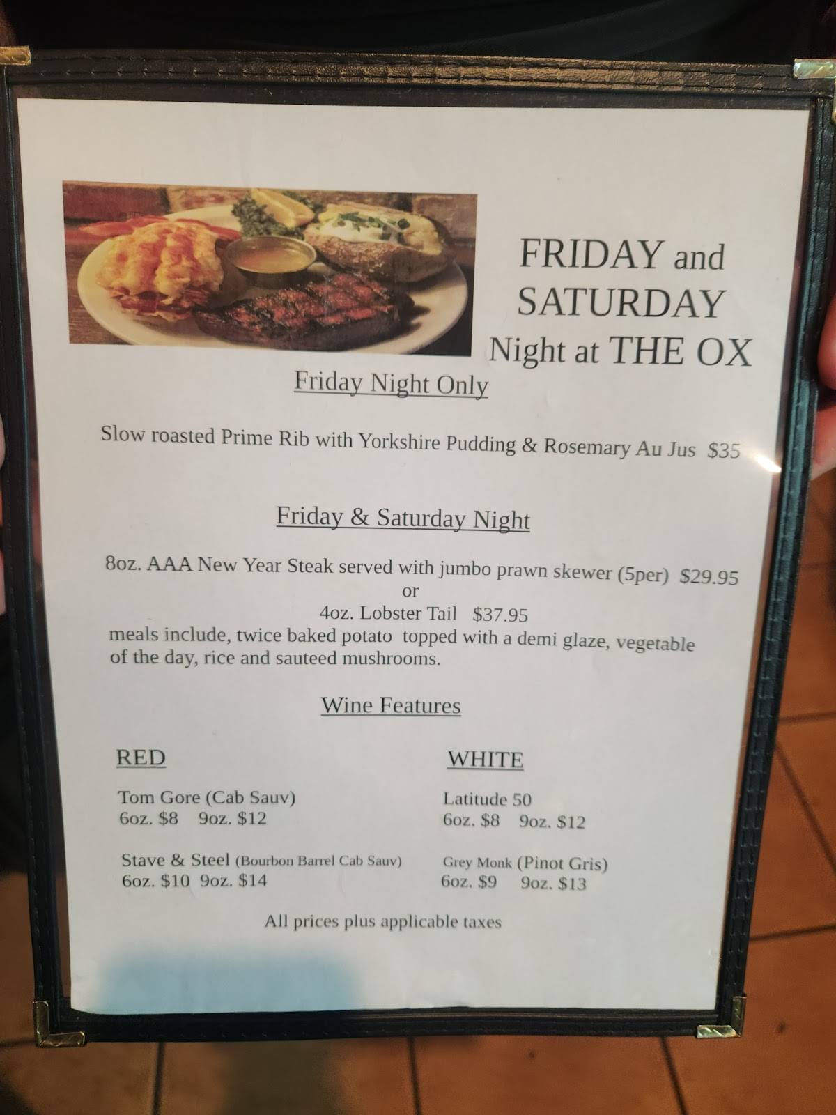 Menu at Blue Ox Pub, Lumby, Vernon St
