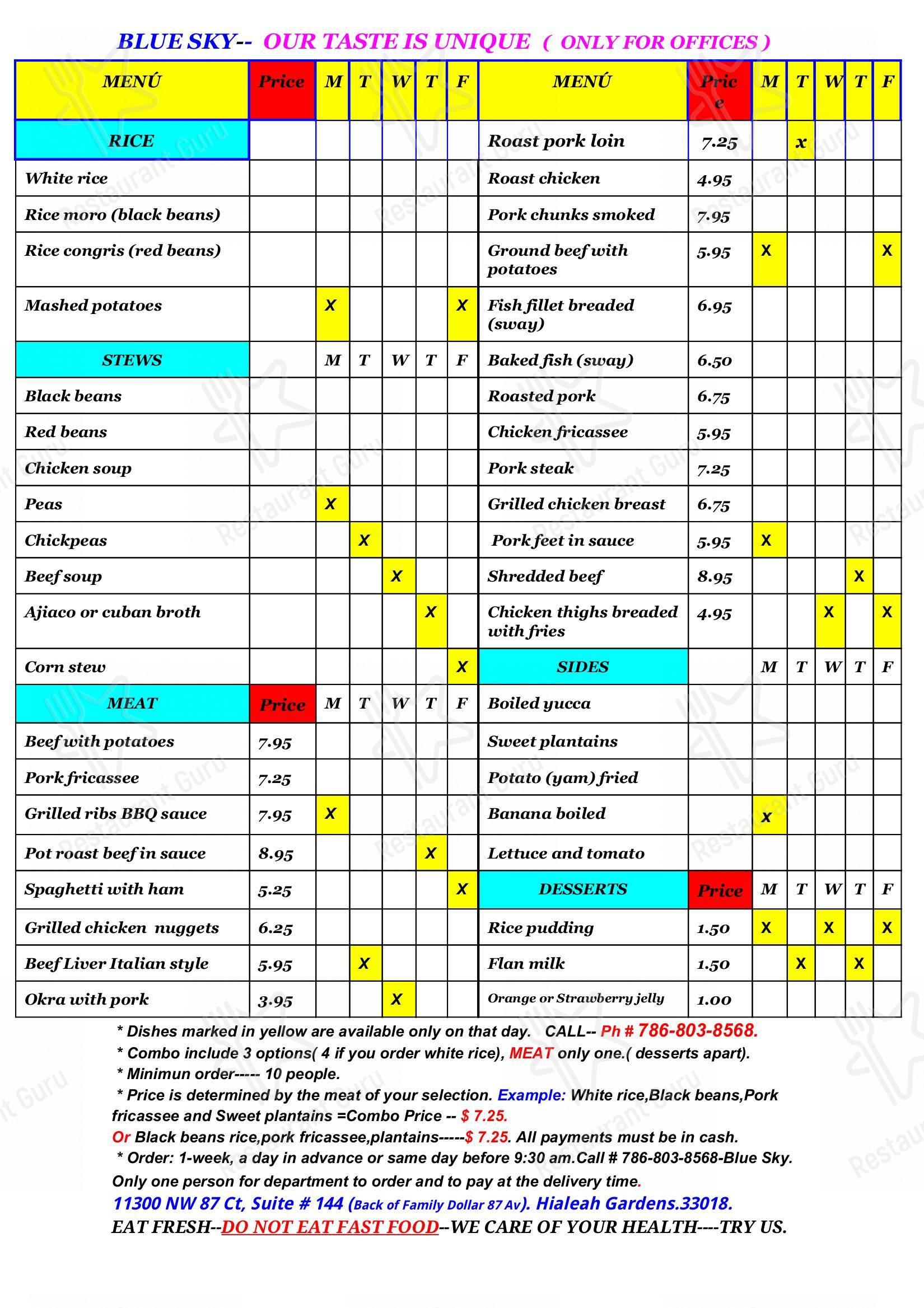 Menu at Blue Sky Food by the Pound restaurant, Hialeah, NW 87th Ct # 144
