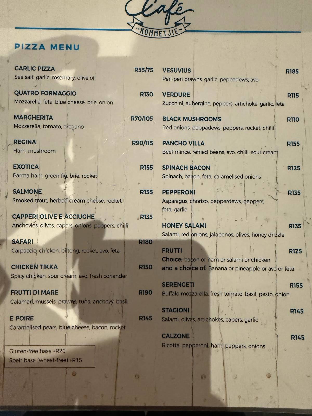 Carta de Blue Water Cafe, Ciudad del Cabo