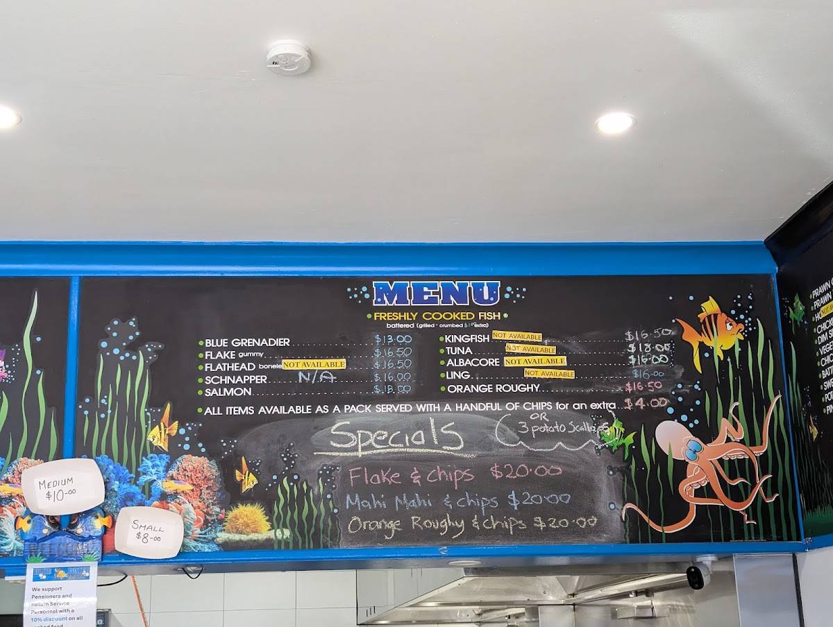 Menu at Blue Water Seafoods fast food, Narooma