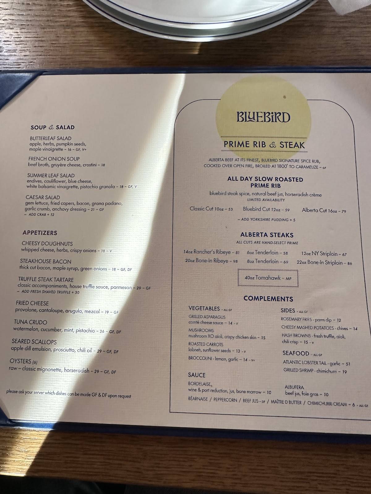 Menu au Bluebird Woodfired Steakhouse, Banff