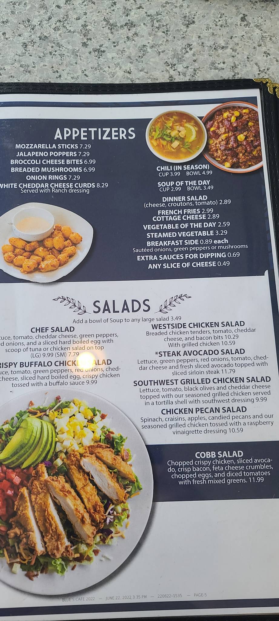 Menu at Blue's Cafe, Kankakee