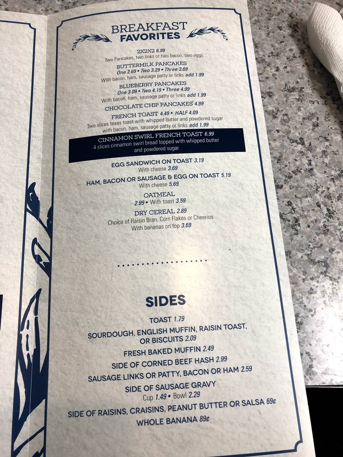 Menu at Blue's Cafe, Kankakee