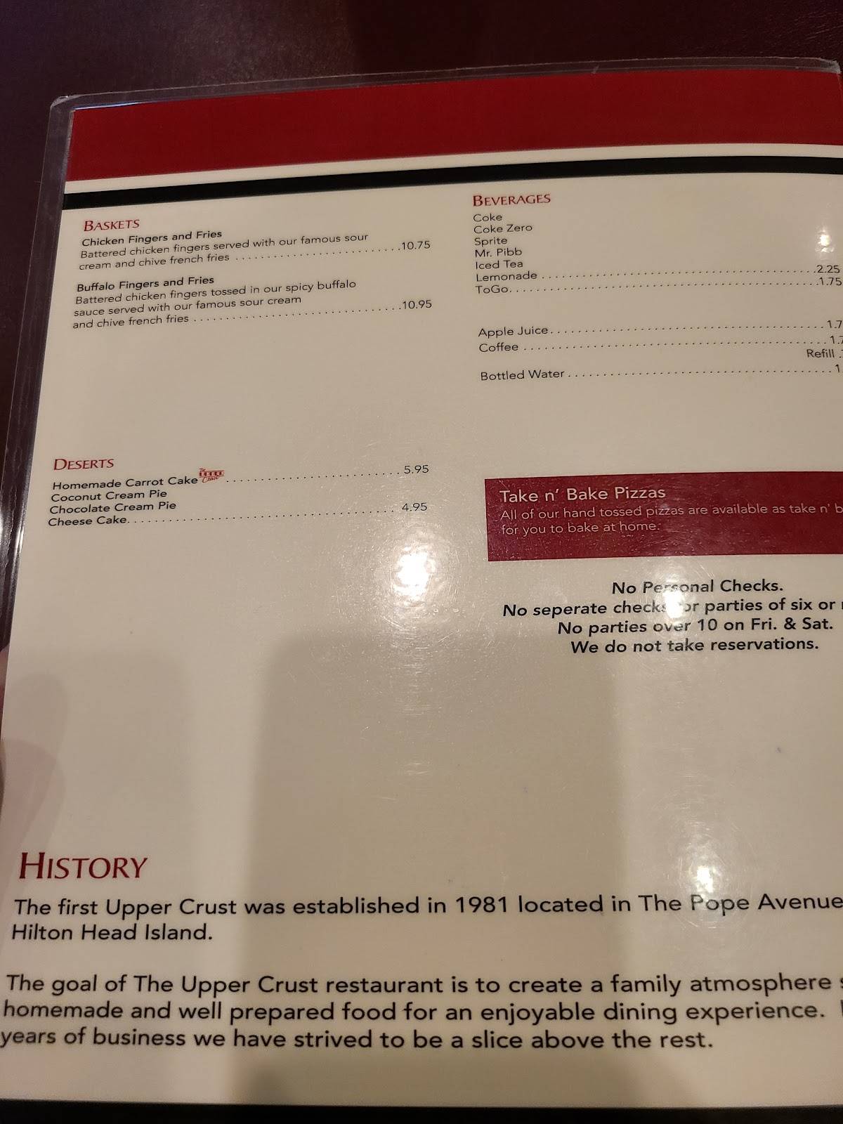 Menu at Upper Crust pizzeria, Hardeeville