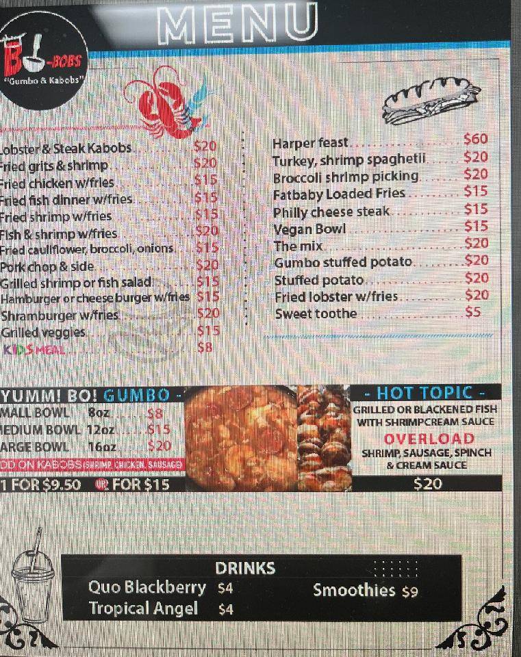 Menu at Bo-bobs restaurant, Houston
