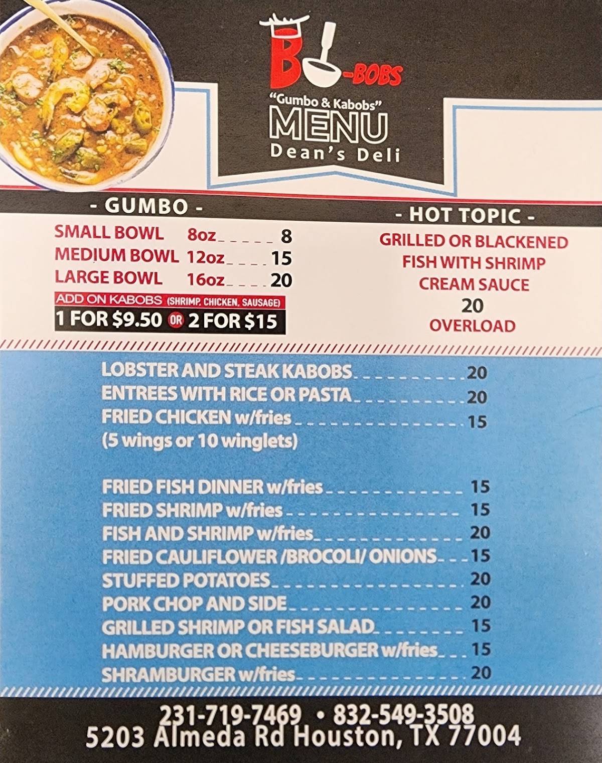 Menu at Bo-bobs restaurant, Houston