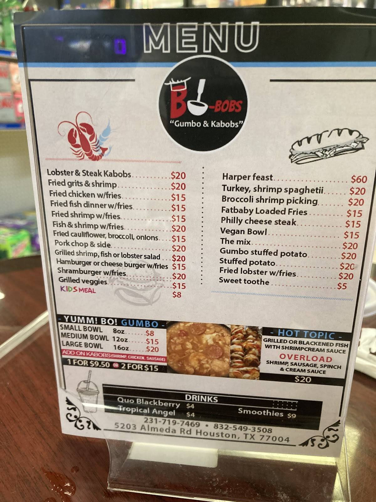 Menu at Bo-bobs restaurant, Houston