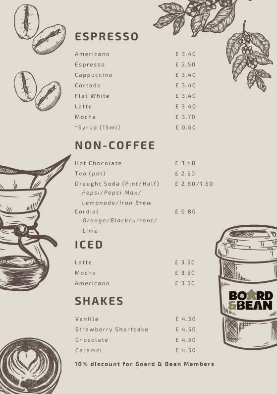 Menu at Board & Bean cafe, Chesterfield