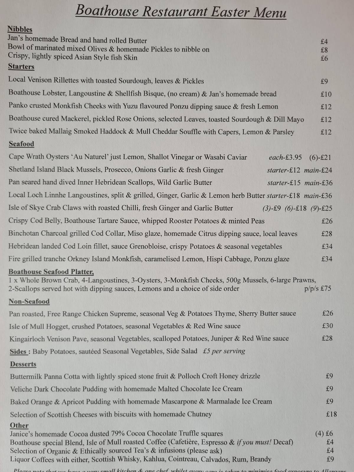 Menu at Boathouse Restaurant, England, The Boathouse