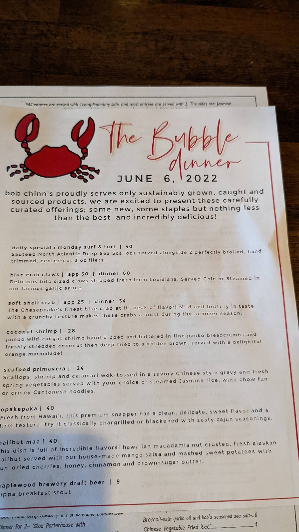 Menu at Bob Chinn's Crab House steakhouse, Wheeling