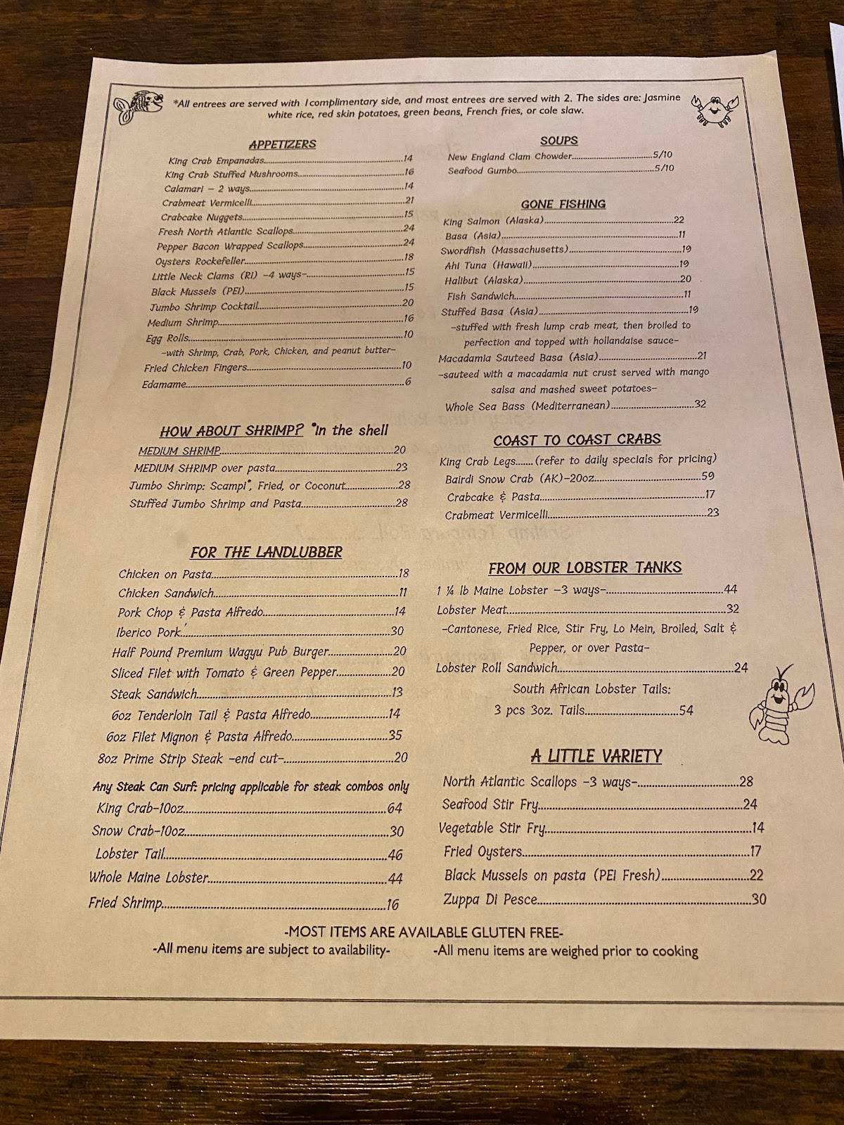 Menu at Bob Chinn's Crab House steakhouse, Wheeling