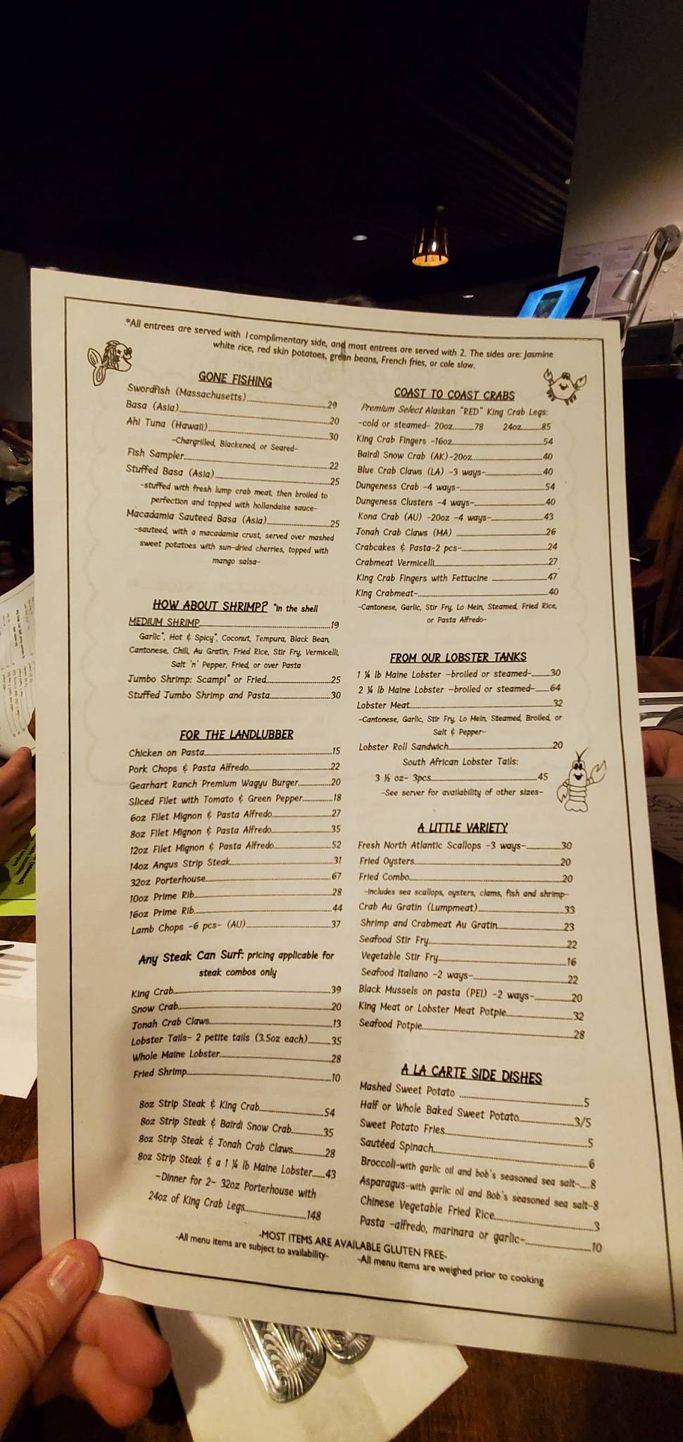 Menu at Bob Chinn's Crab House steakhouse, Wheeling