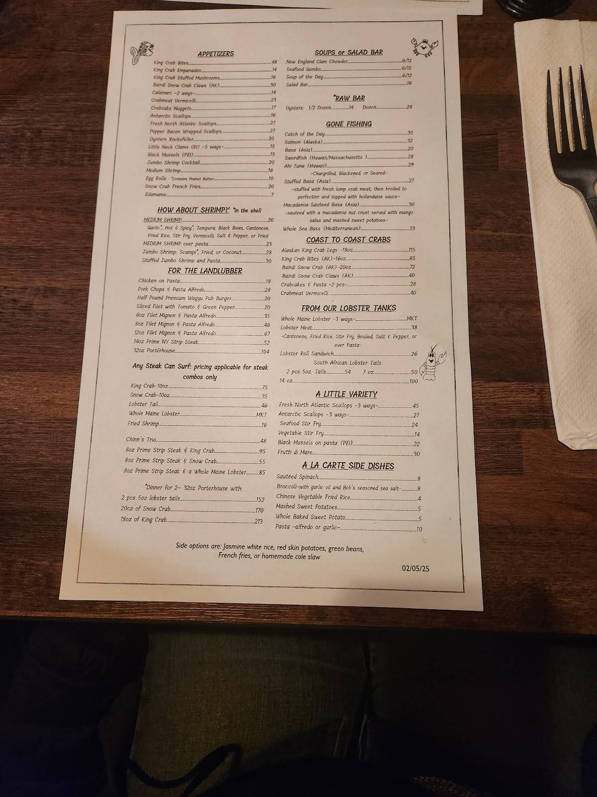 Menu at Bob Chinn's Crab House steakhouse, Wheeling