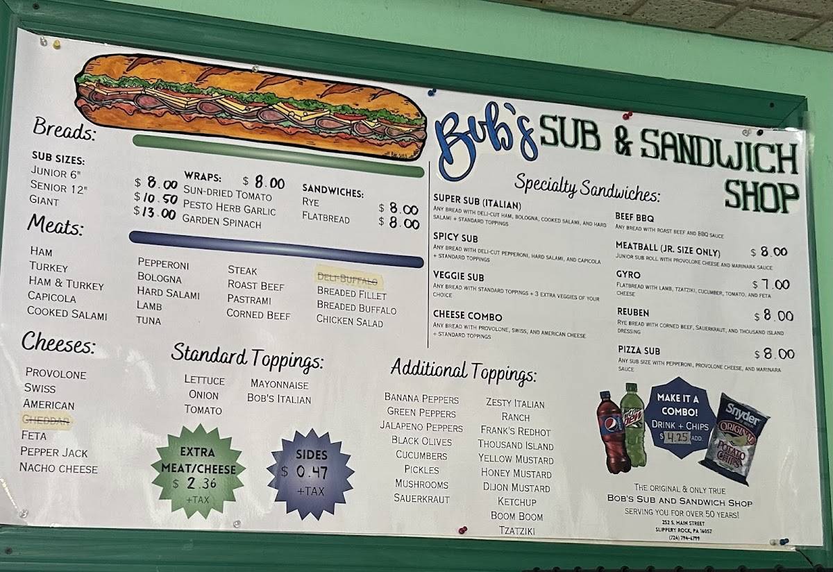 Menu at Bob's Sub & Sandwich Shop restaurant, Slippery Rock