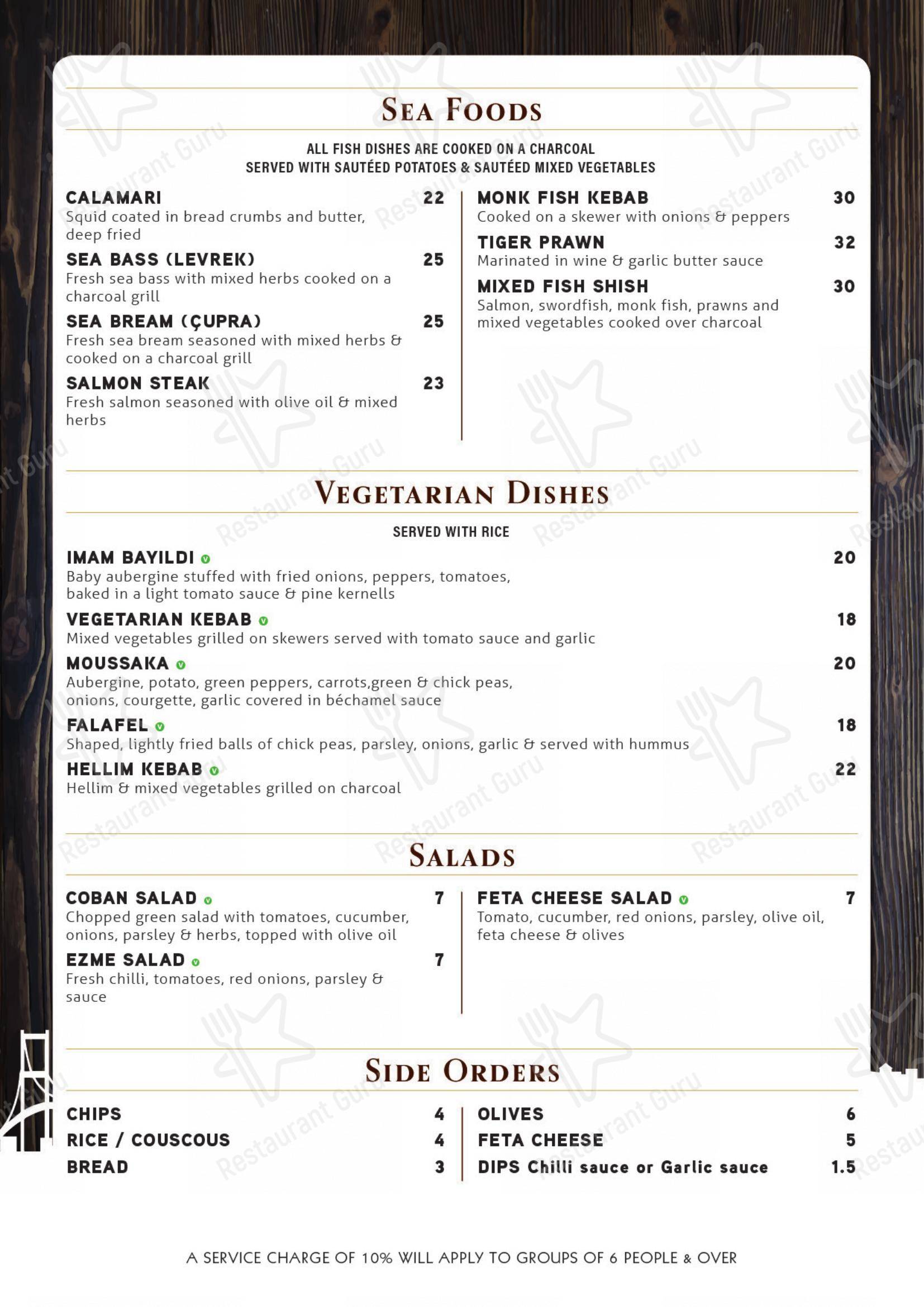 Menu at Bogaz Turkish Restaurant, Rayleigh