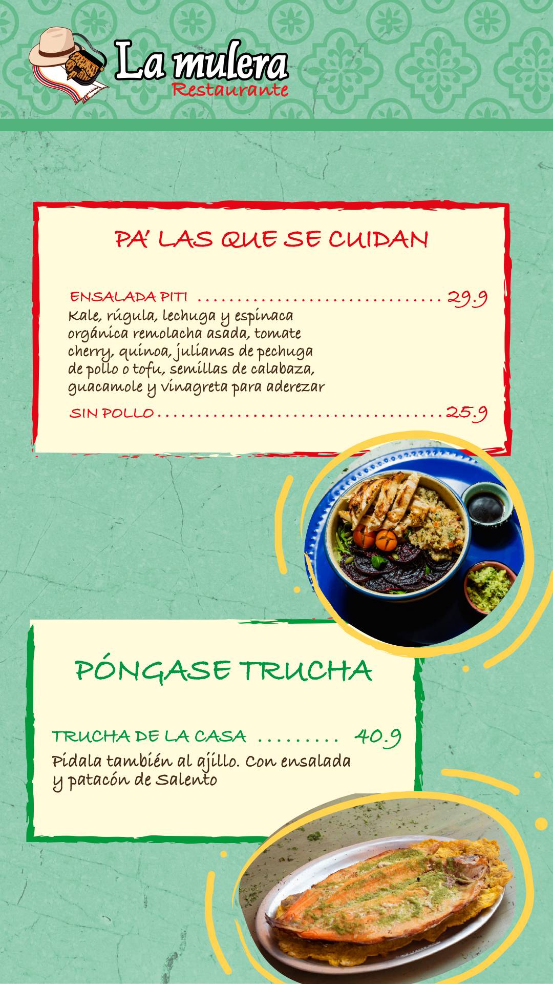 Carta del restaurante La Mulera Calle 97, Bogotá