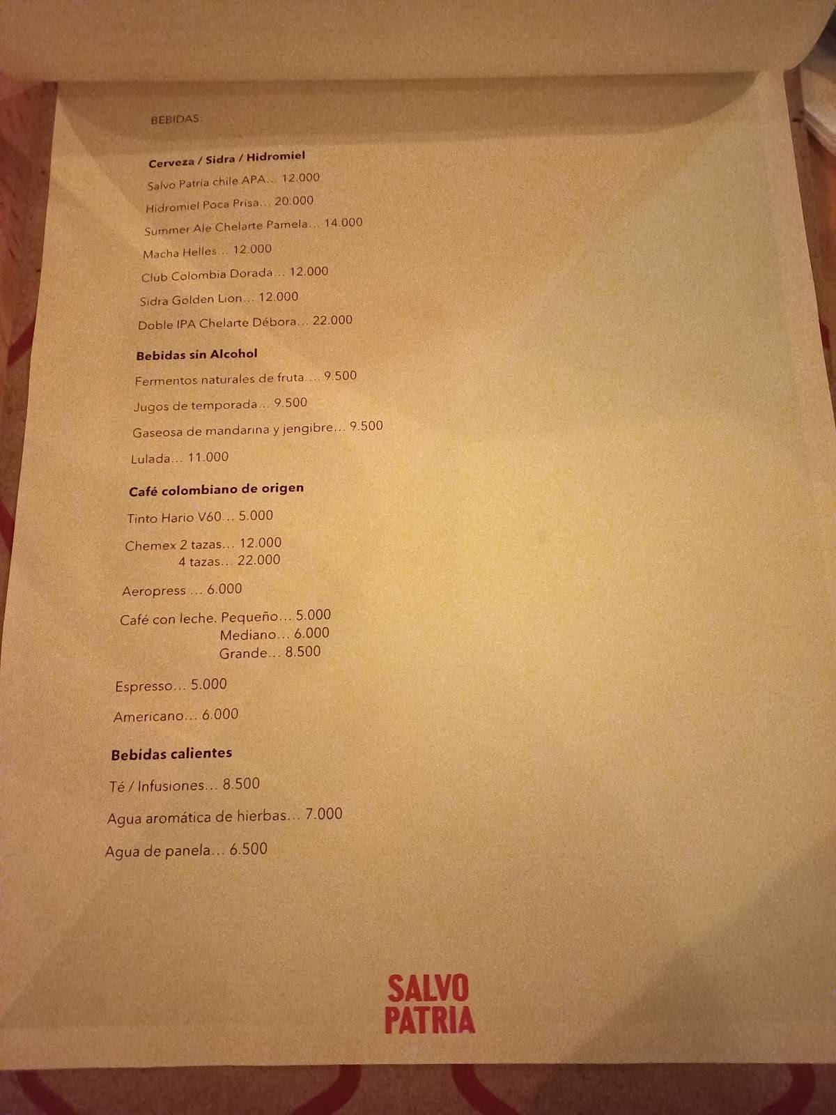 Menu at Restaurante Salvo Patria, Bogotá