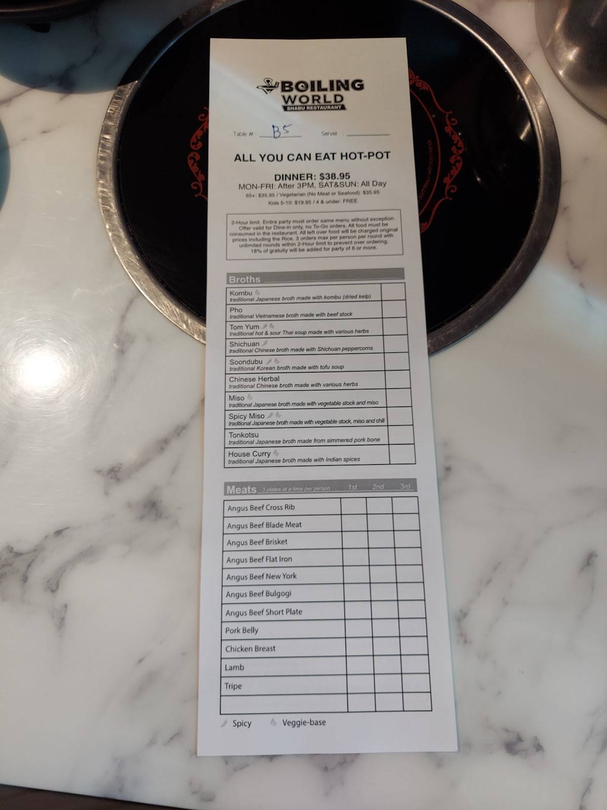 Menu at Boiling World restaurant, Ontario