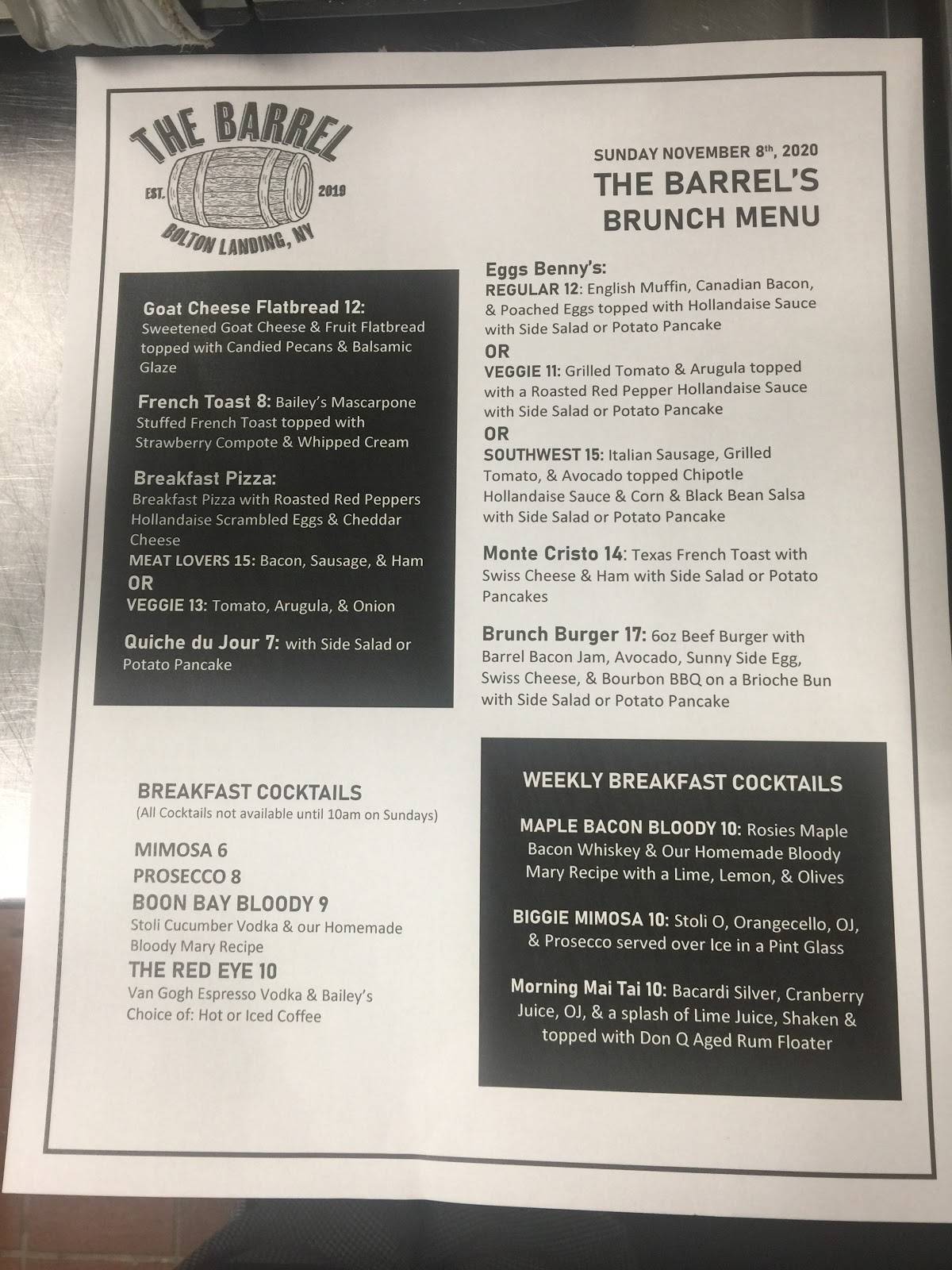 Menu at The Barrel, Bolton