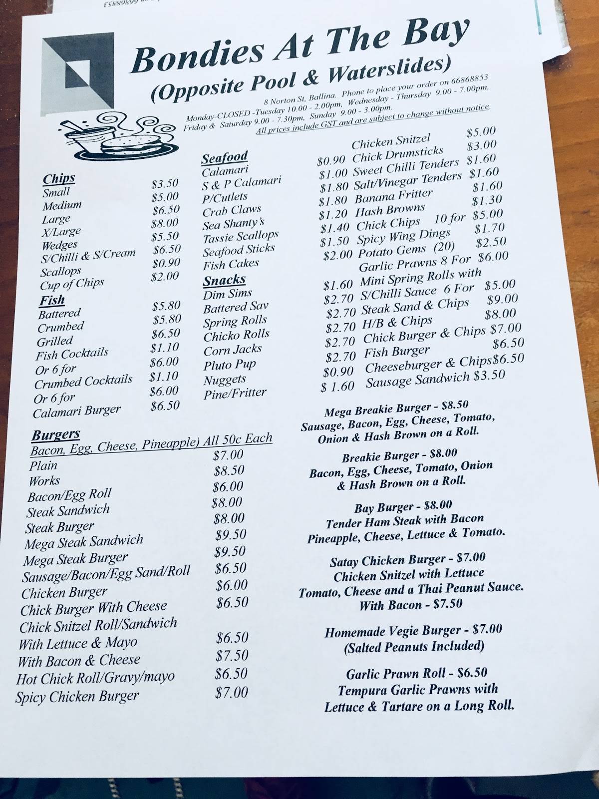 Menu at Bondies at The Bay fast food, Ballina