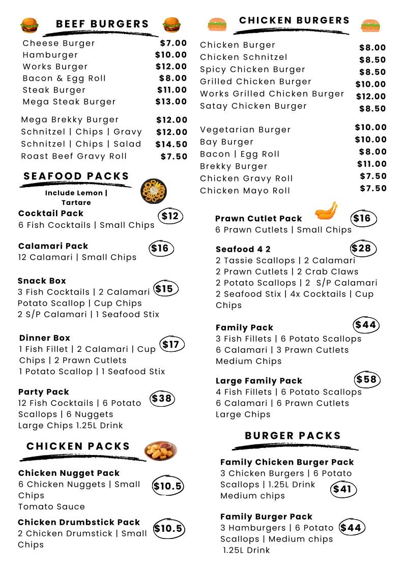 Menu at Bondies at The Bay fast food, Ballina