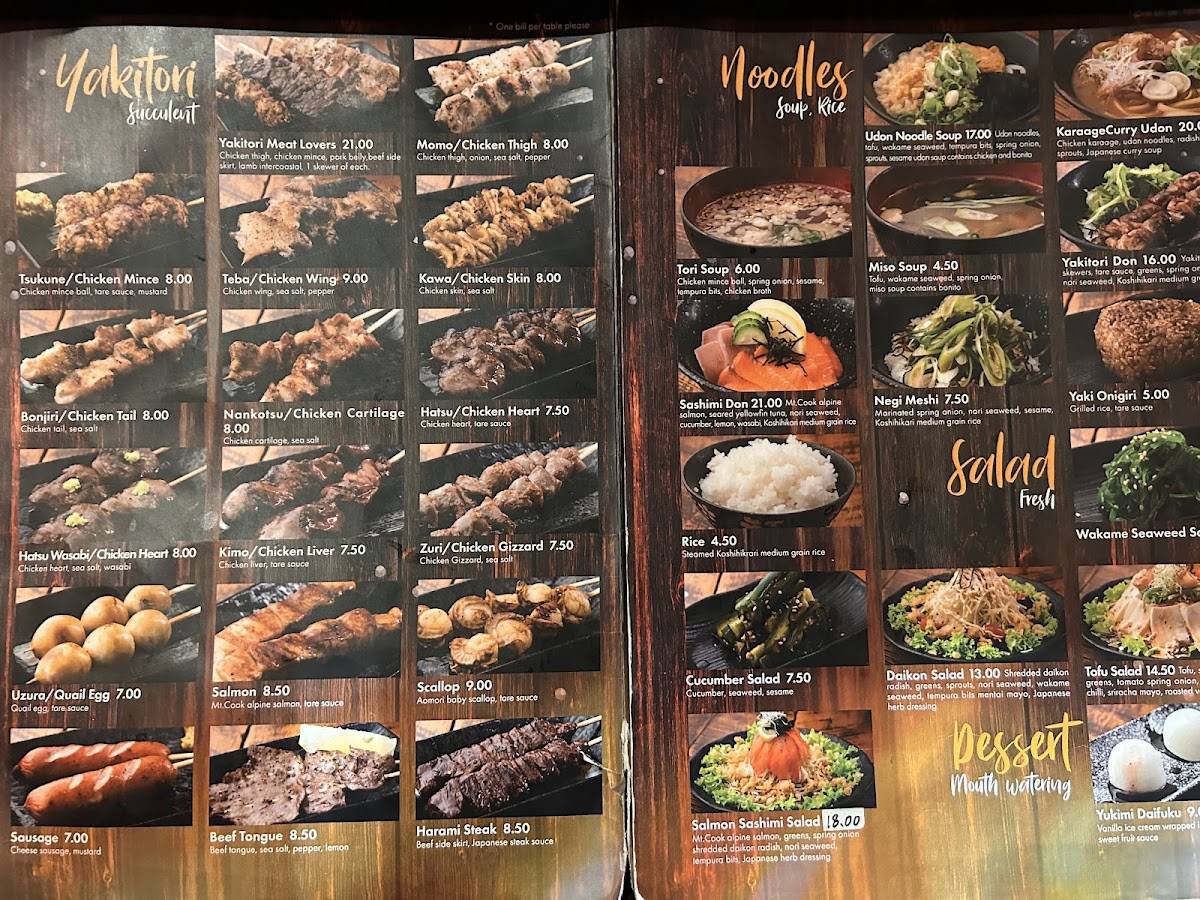 Menu at Bonjiri Yakitori Bar, Auckland