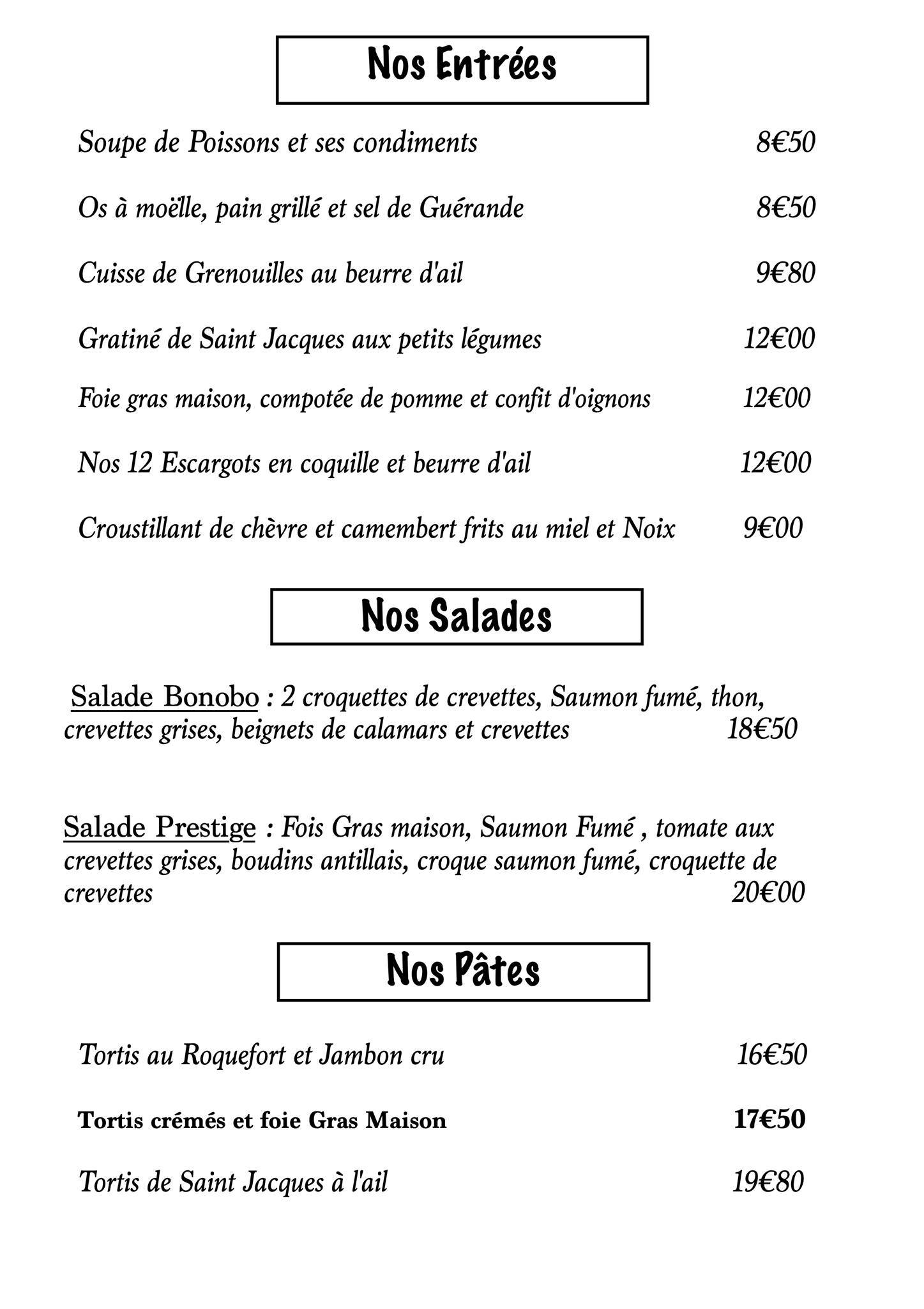 Menu au Bonobo restaurant, Dunkerque
