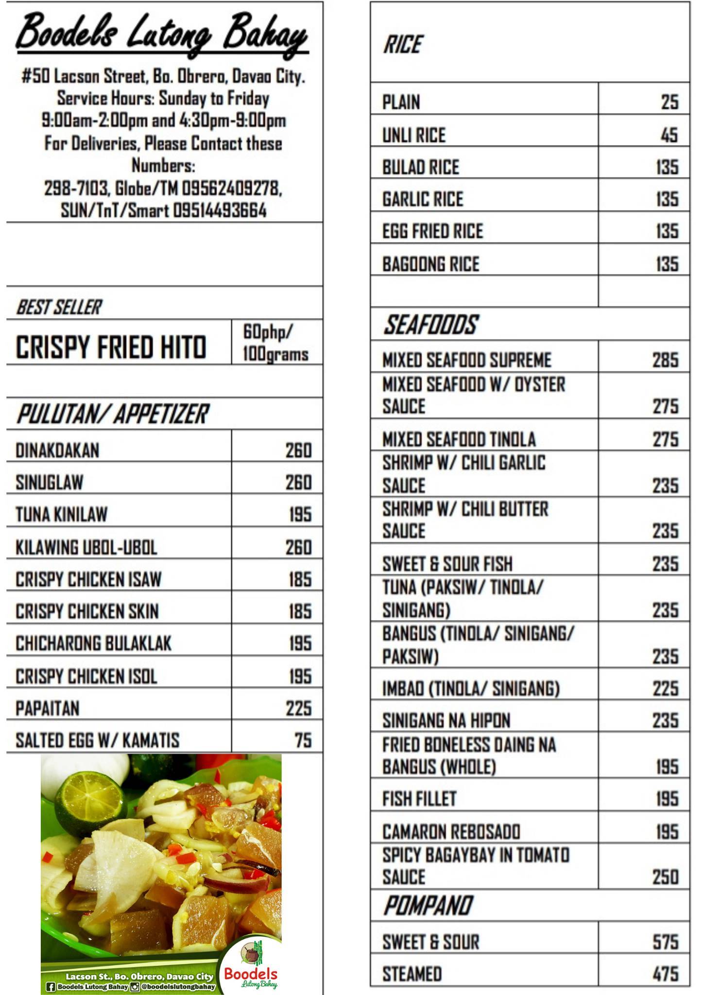 Menu at Boodels Lutong Bahay - Main restaurant, Davao City
