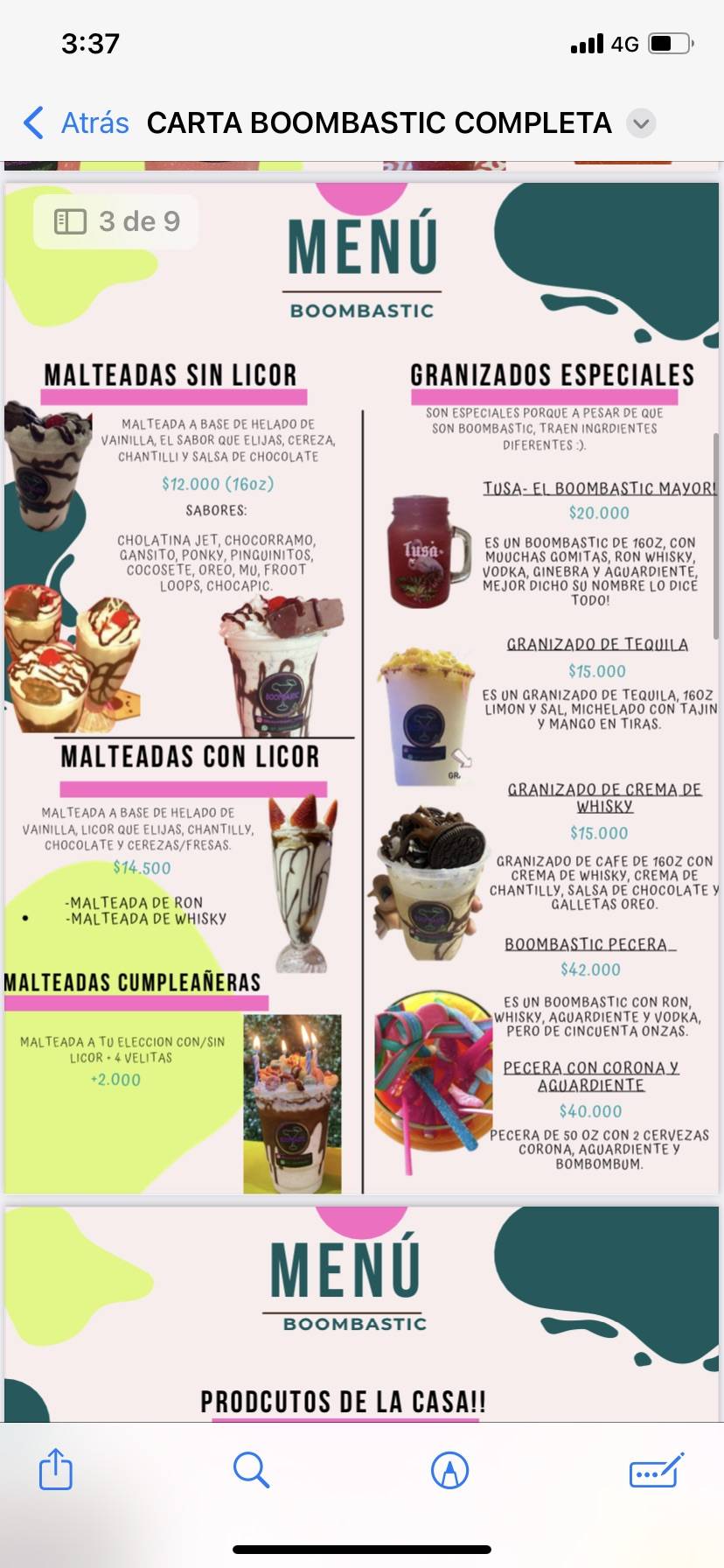 Carta del pub y bar Boombastic, Tunja