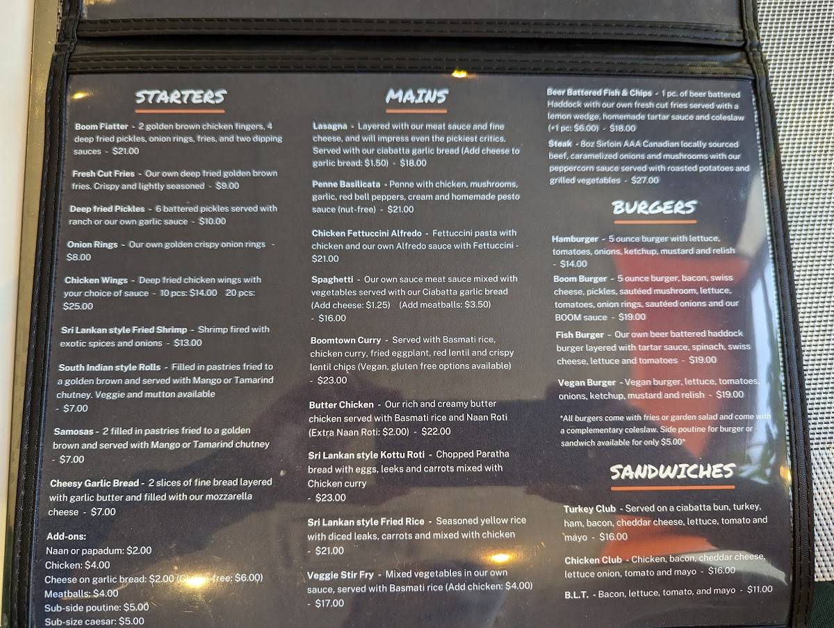 Menu at Boomtown Fusion Eatery restaurant, Smiths Falls