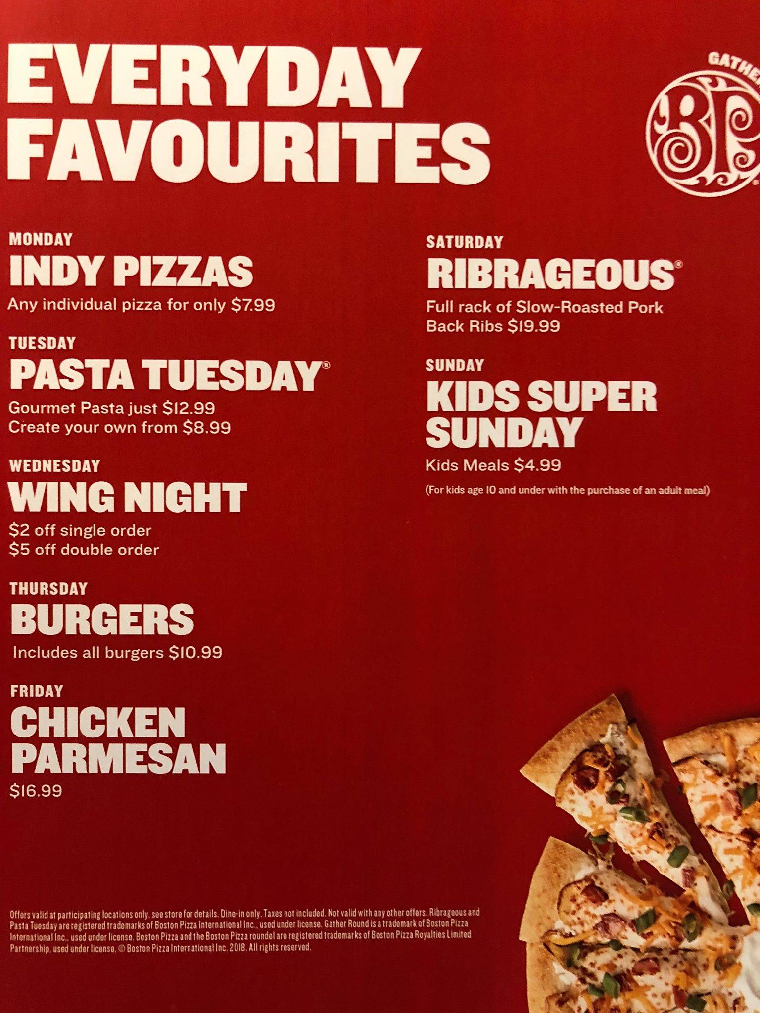 Menu at Boston Pizza pizzeria, St. John's, 415 Stavanger Dr